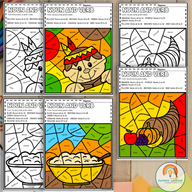 Noun and Verbs Worksheets | Thanksgiving Color By Code | Thanksgiving ...