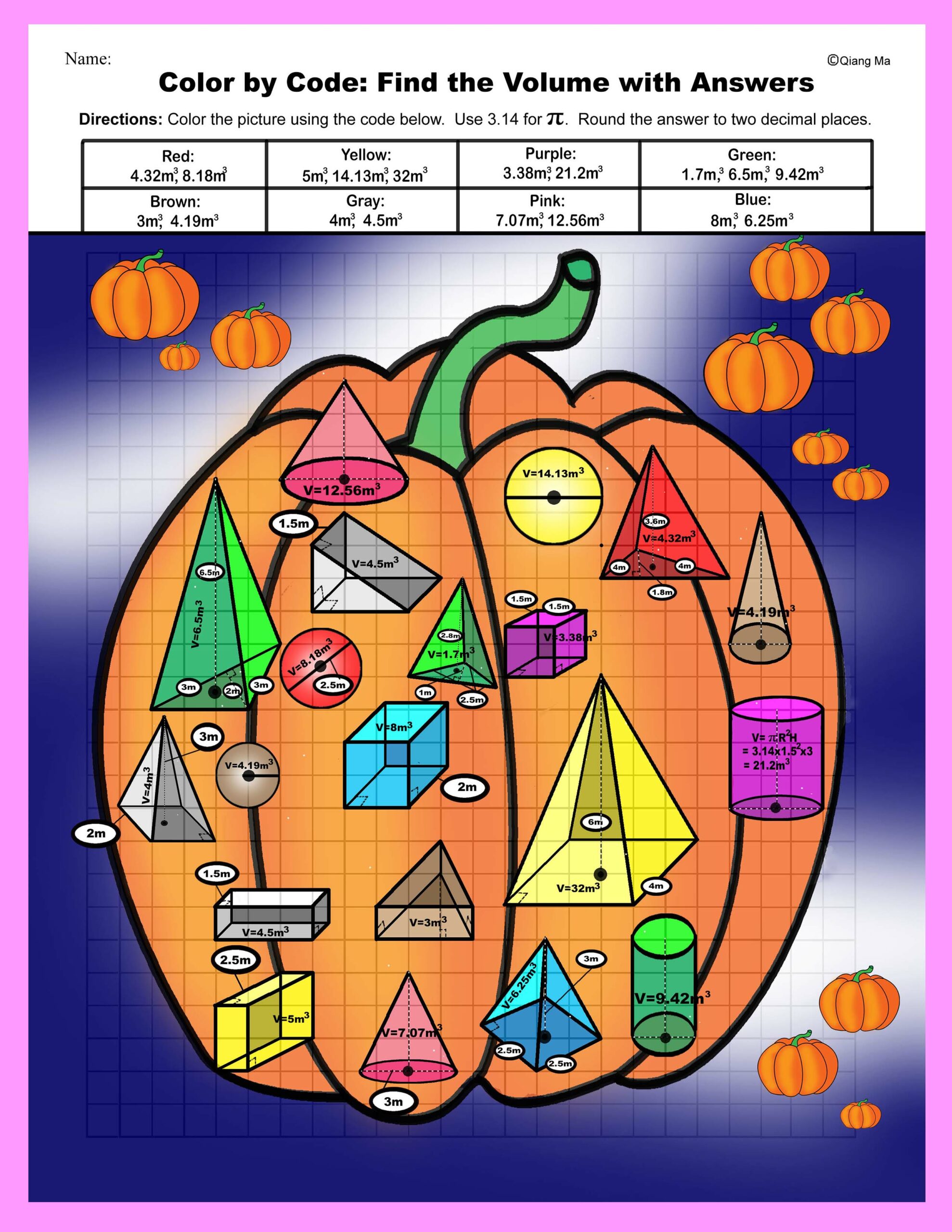 Halloween Color by Code: Surface Area and Volume Standard: Pumpkin ...