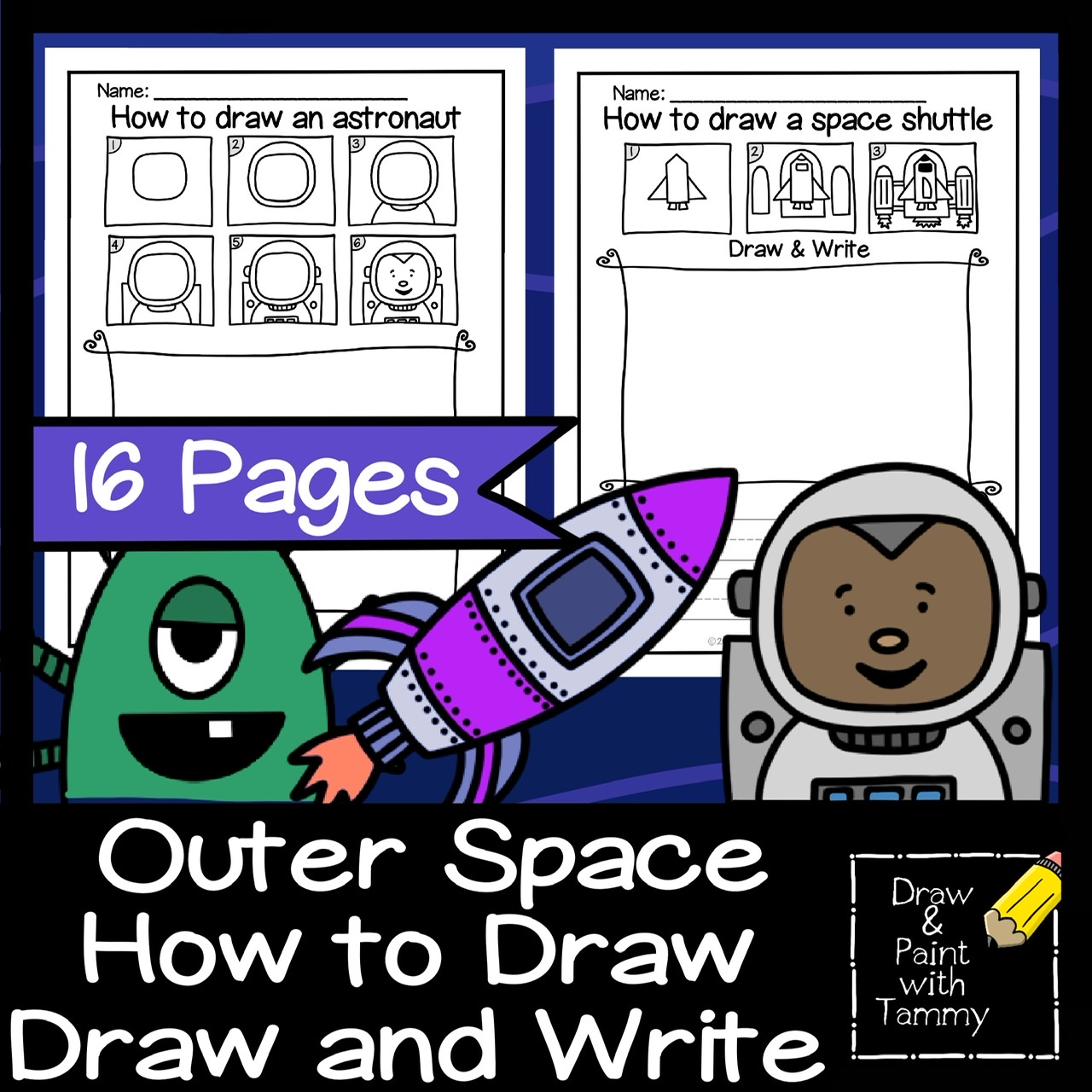 Directed drawings how to draw and write art pages Outer Space theme ...
