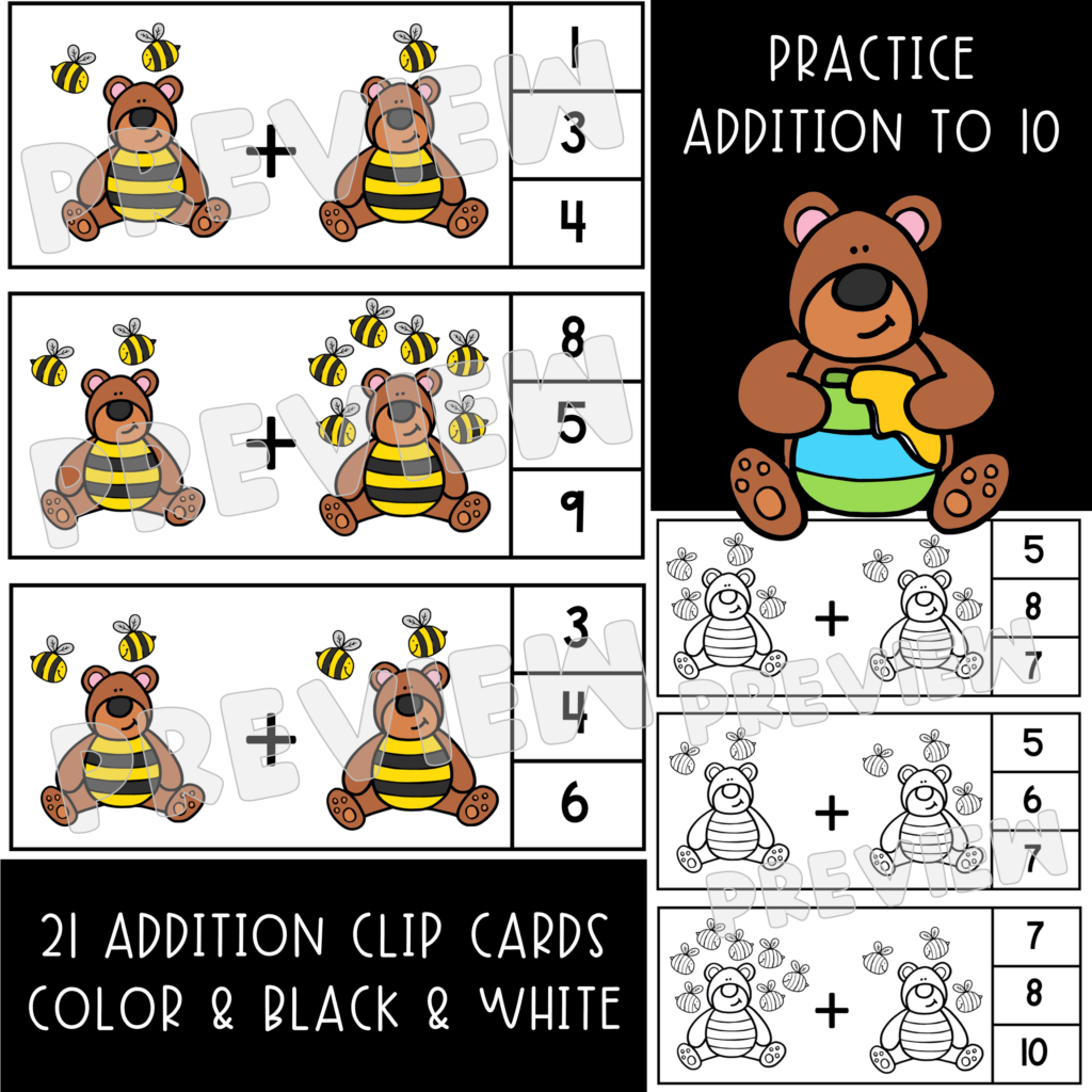 Honey Bear Counting to 10 & Addition to 10 Clip Cards Counting Task ...