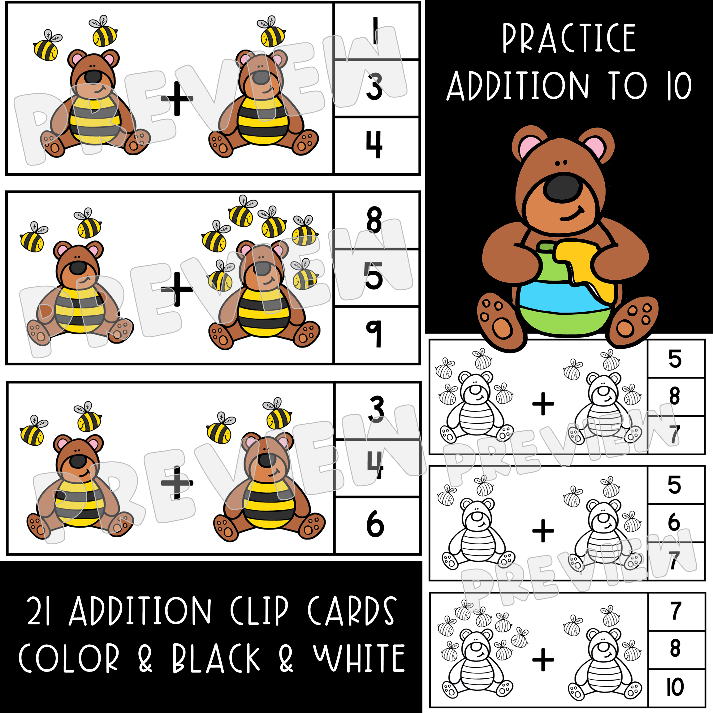 Honey Bear Counting to 10 & Addition to 10 Clip Cards Counting Task ...