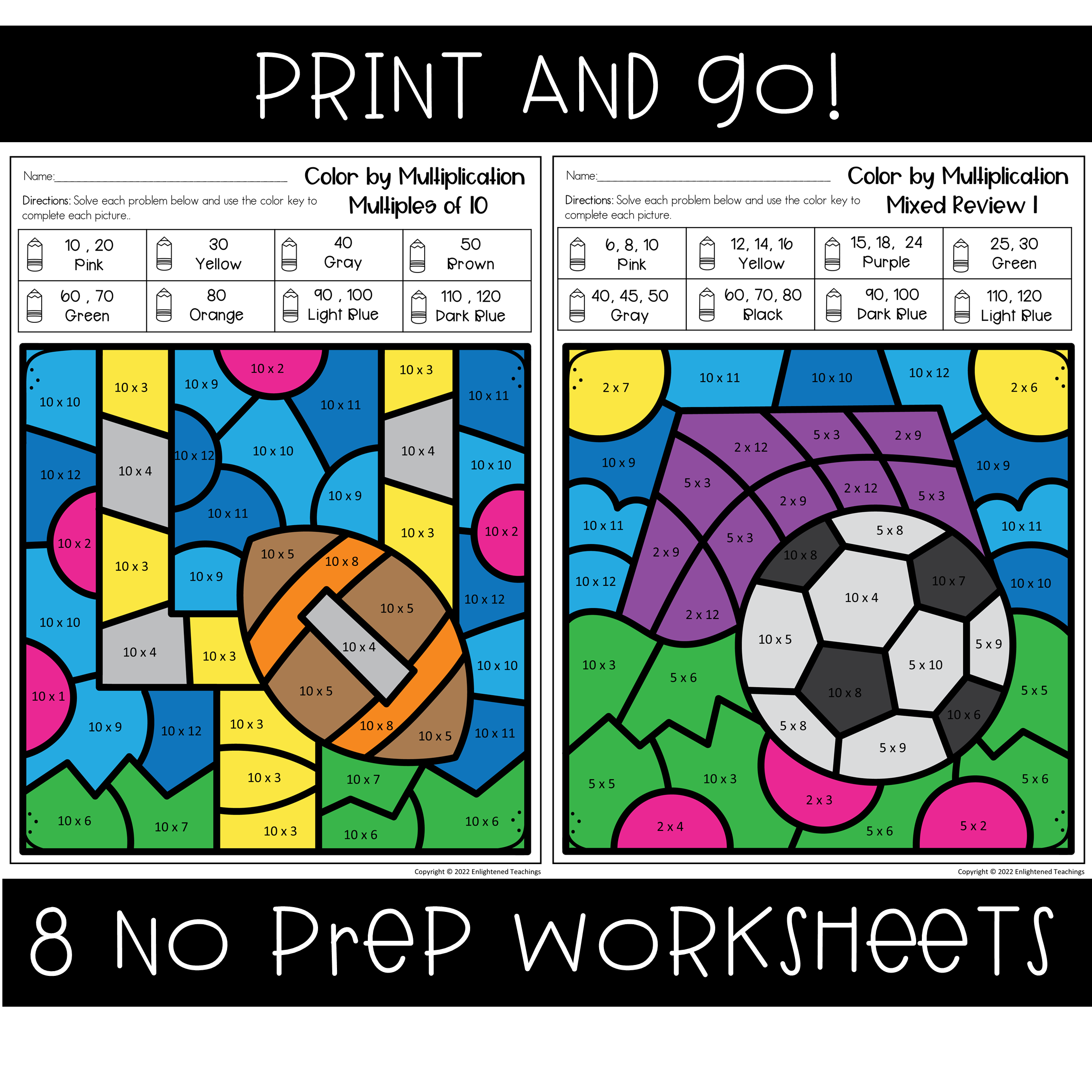 Sports Multiplication Color by Code Number NO PREP Coloring Worksheets ...