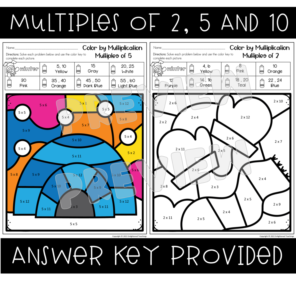 Winter Multiplication Color by Code Number NO PREP Coloring Worksheets ...