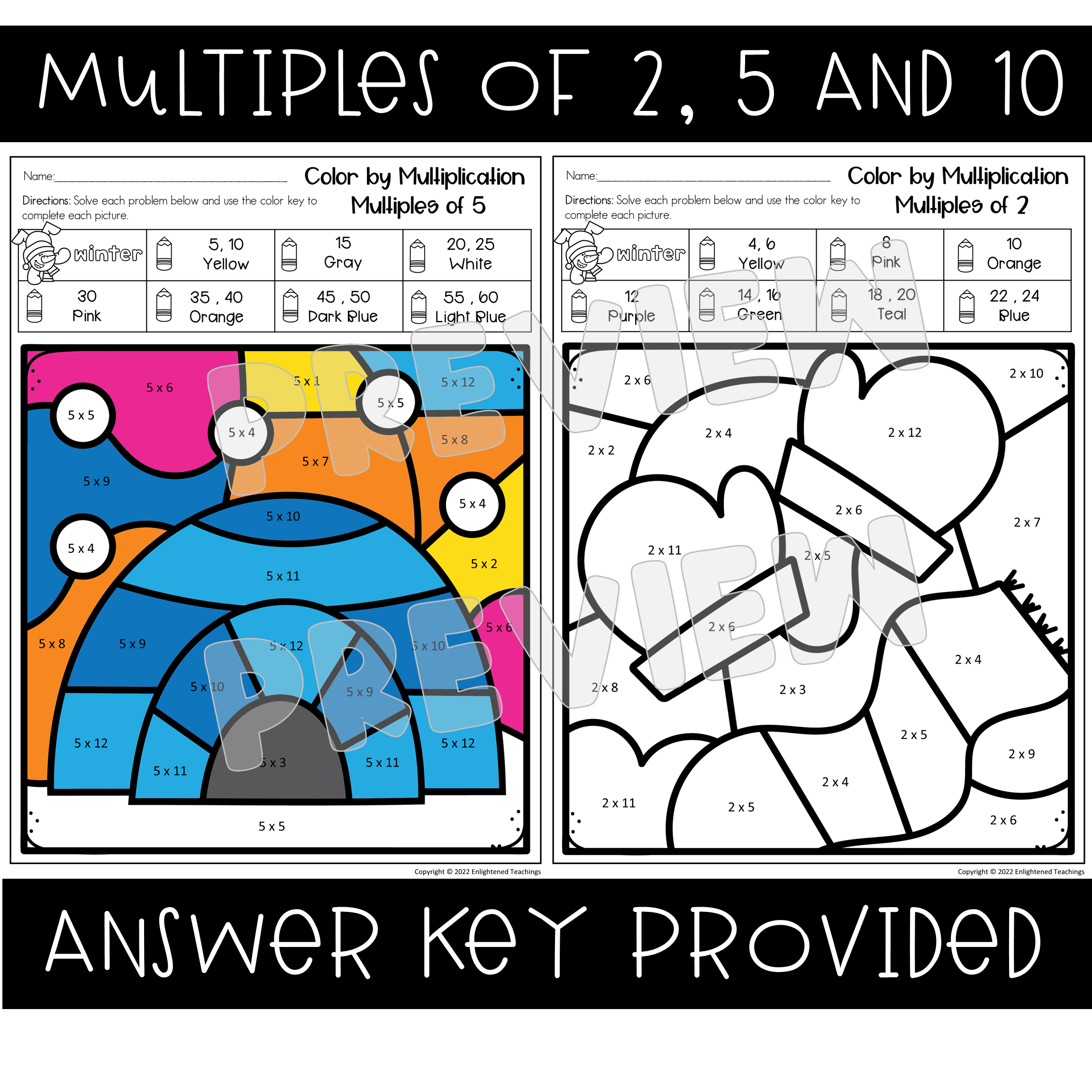 Winter Multiplication Color by Code Number NO PREP Coloring Worksheets ...