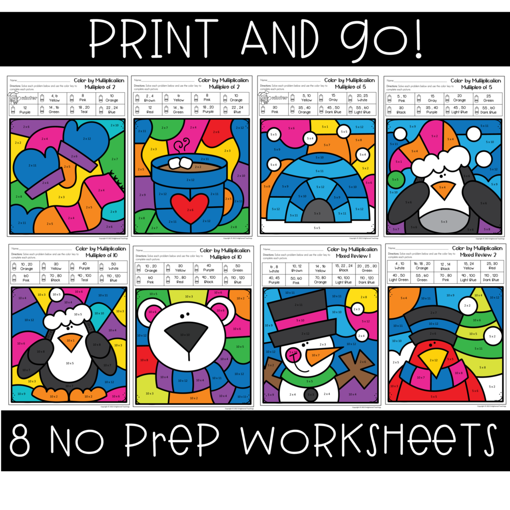 Winter Multiplication Color by Code Number NO PREP Coloring Worksheets ...