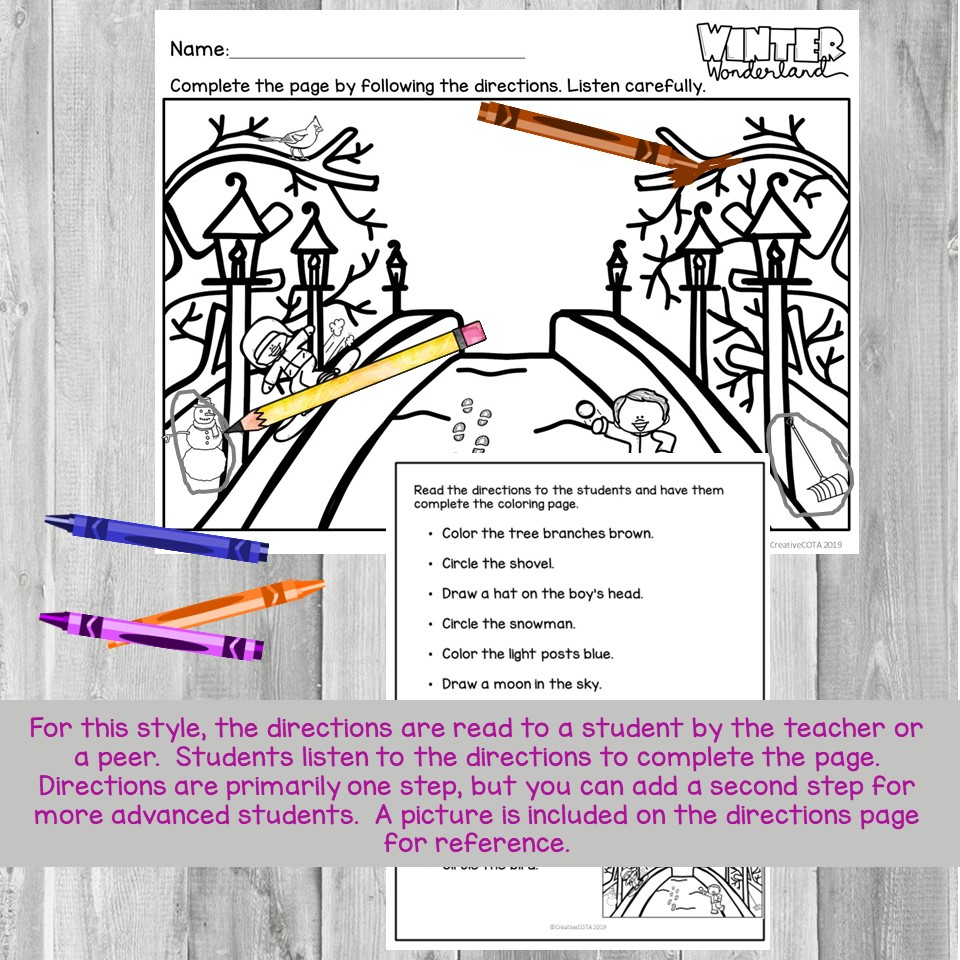Winter Following Directions Coloring Activity for Listening Skills ...