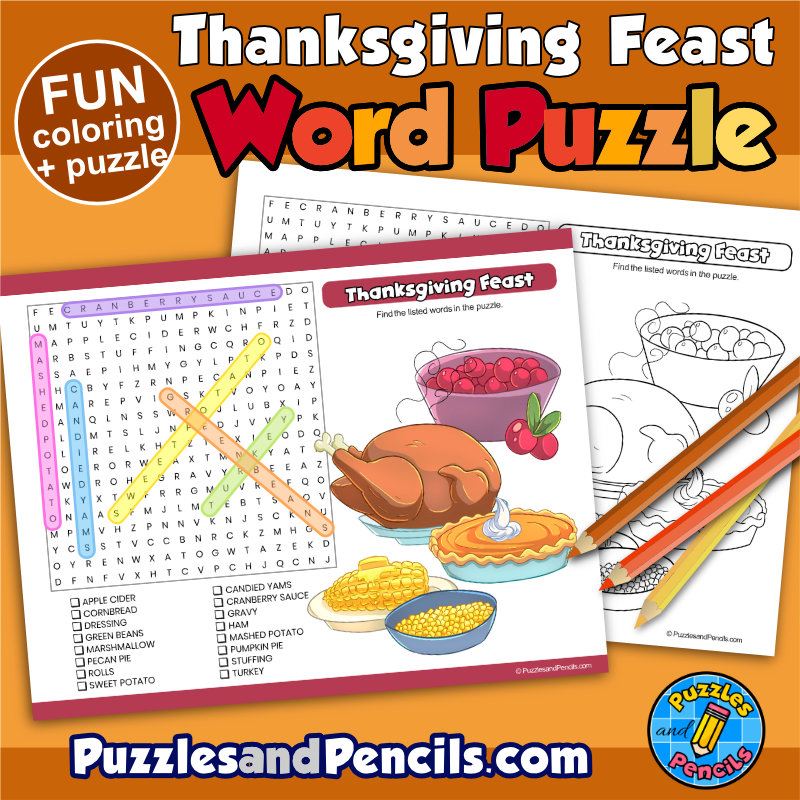Thanksgiving Feast Word Search Puzzle Activity Page with Coloring ...