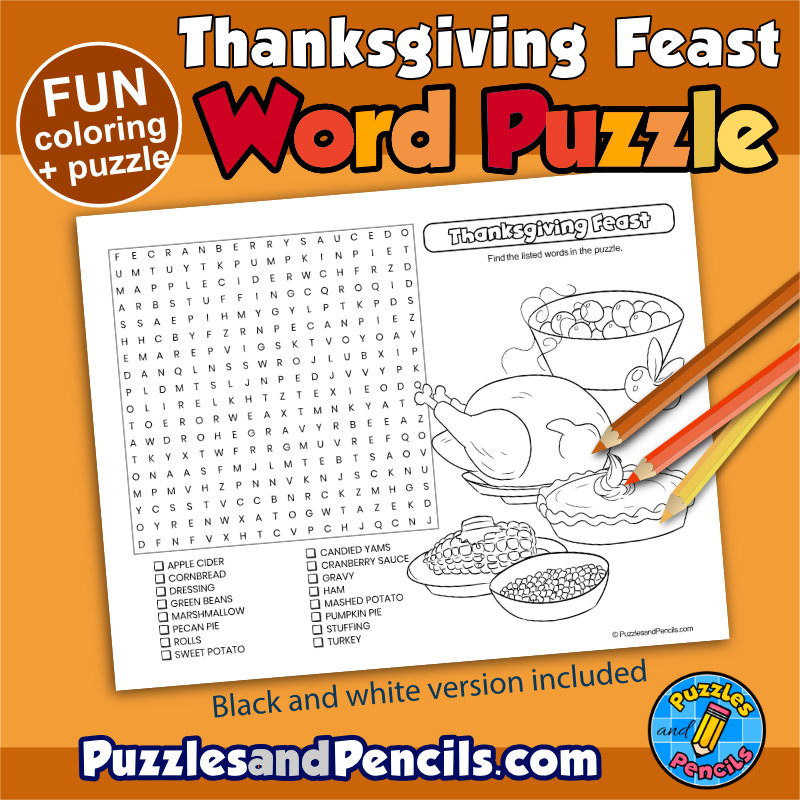 Thanksgiving Feast Word Search Puzzle Activity Page with Coloring ...
