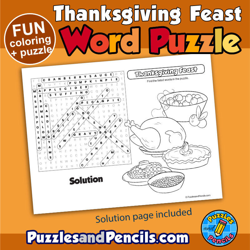 Thanksgiving Feast Word Search Puzzle Activity Page with Coloring ...