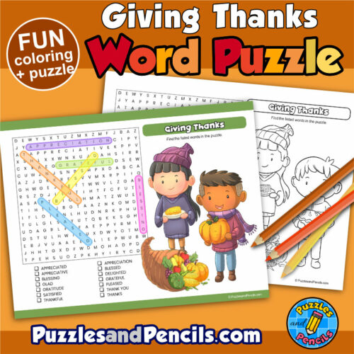 Giving Thanks Word Search Puzzle Activity Page with Coloring | Made By ...