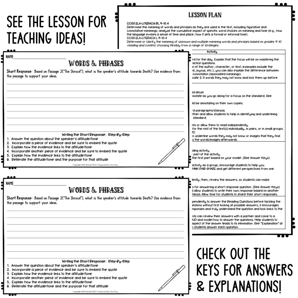 High School Reading Comprehension Passages and Questions Lesson Death ...