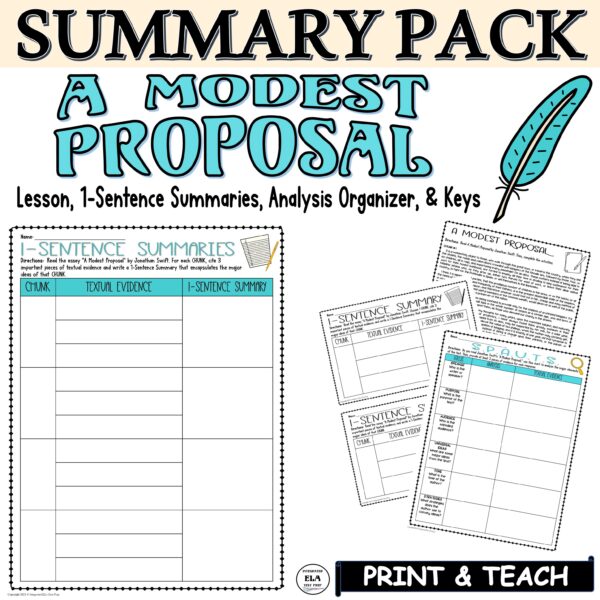 A Modest Proposal Satire Summary Reading Activity Pack Jonathan Swift ...
