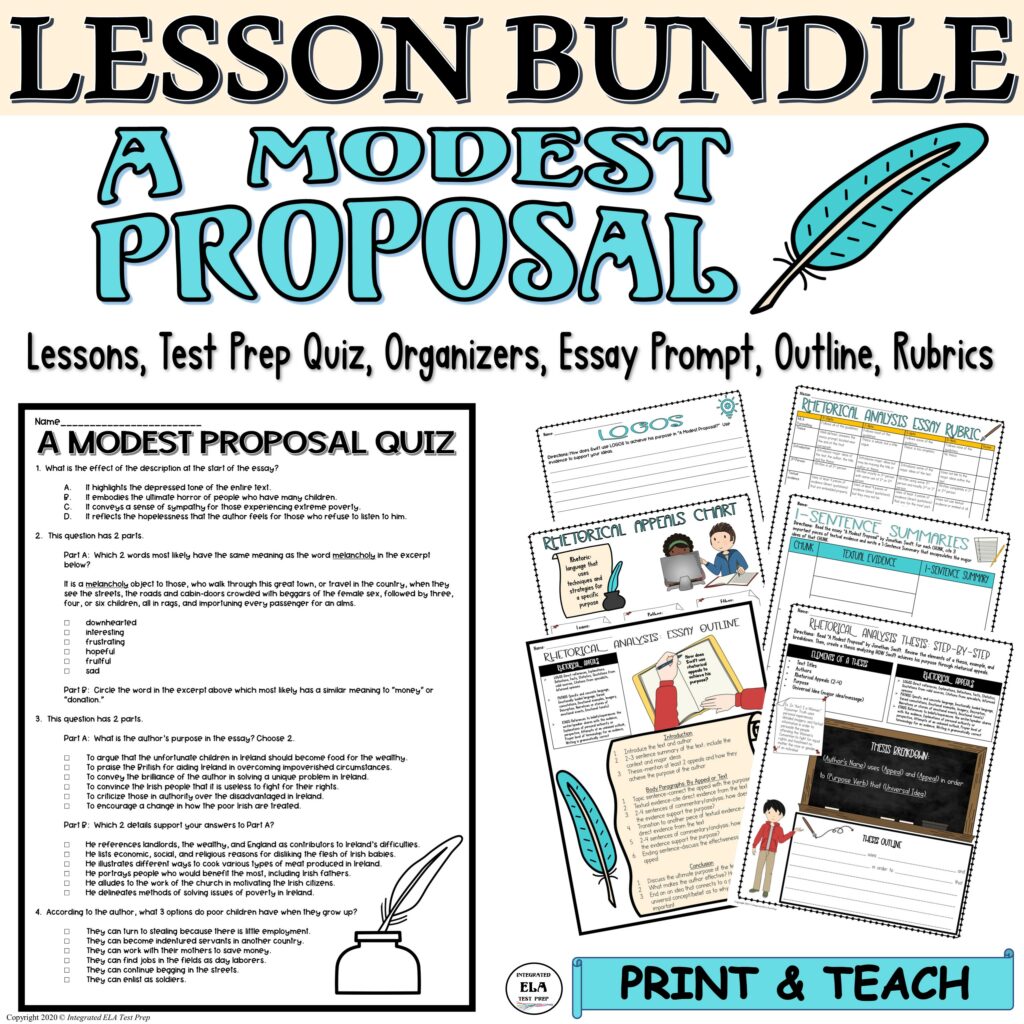 A Modest Proposal Analysis Quiz Activities Satire Lesson Plan BUNDLE ...