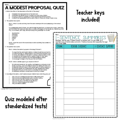 A Modest Proposal Analysis Quiz Activities Satire Lesson Plan BUNDLE ...