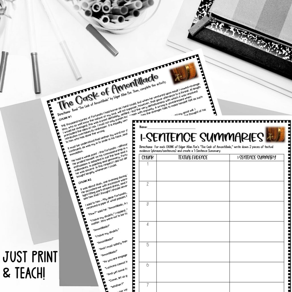 The Cask of Amontillado Summary Activity Edgar Allan Poe Reading ...