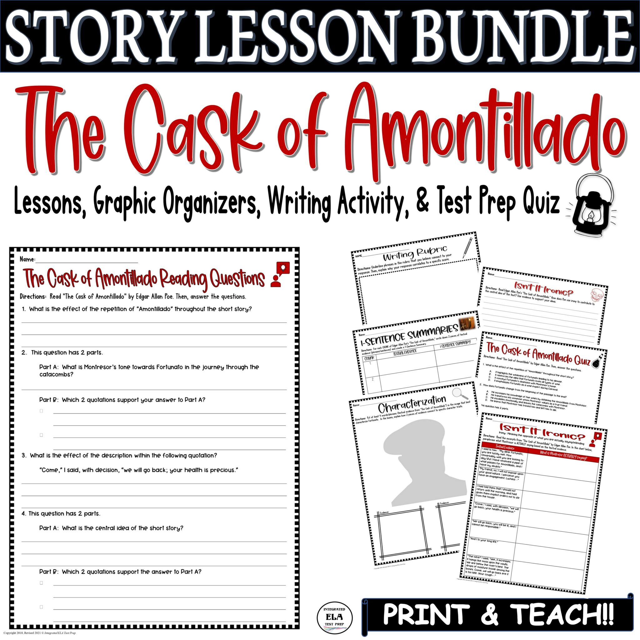 The Cask of Amontillado Quiz Activities Lesson BUNDLE Test Prep | Made ...