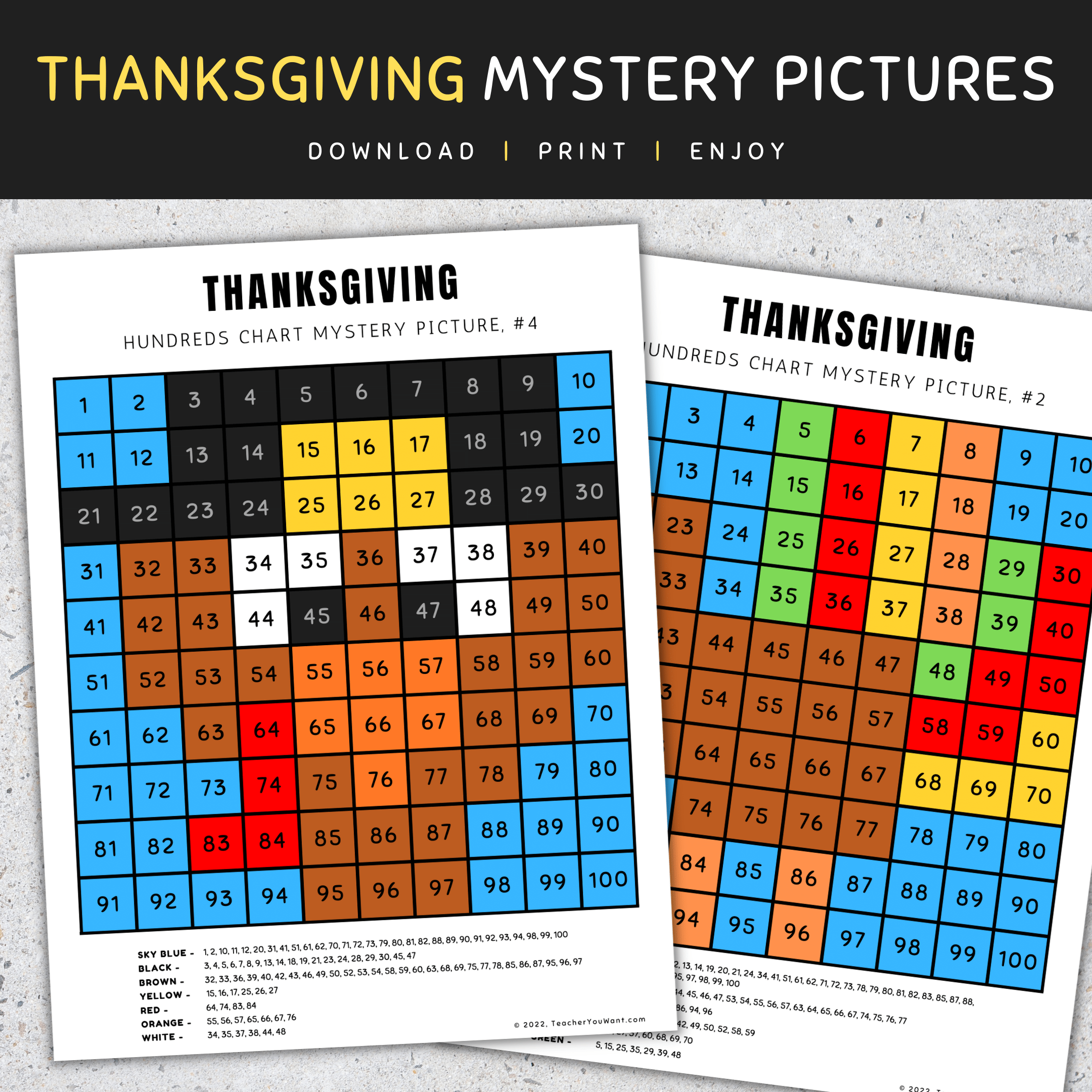 Thanksgiving Math, Hundreds Chart Mystery Picture, Color By Number ...