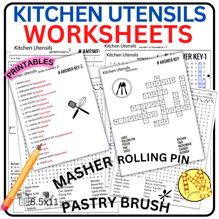 Kitchen Utensils Worksheets Crossword - Word Scramble - Word Search ...