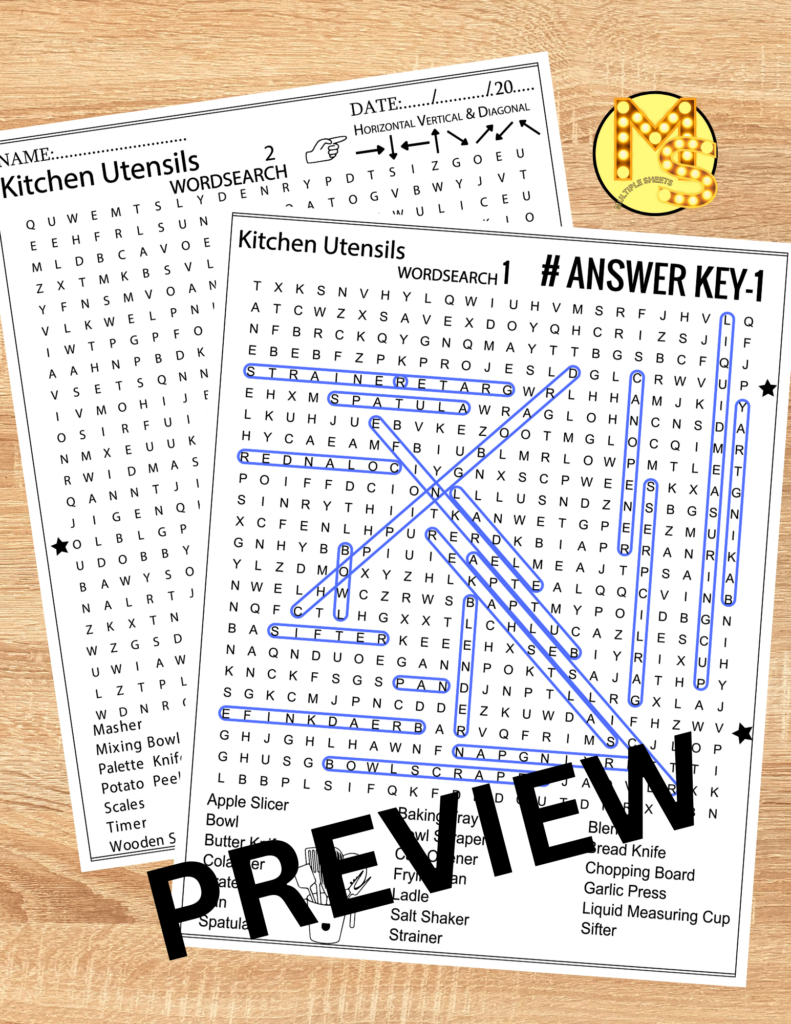 Kitchen Utensils Worksheets Crossword - Word Scramble - Word Search ...