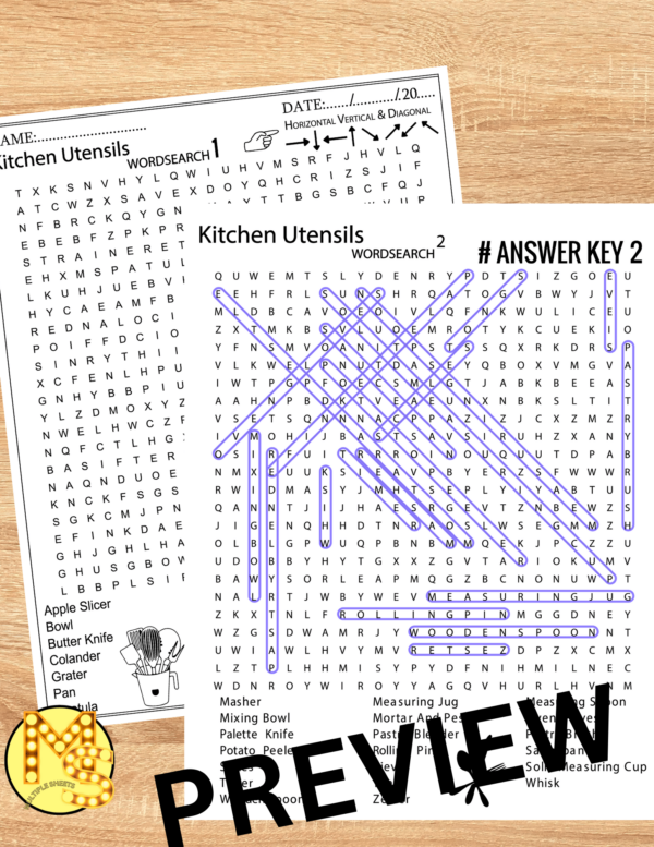 Kitchen Utensils Worksheets Crossword - Word Scramble - Word Search ...