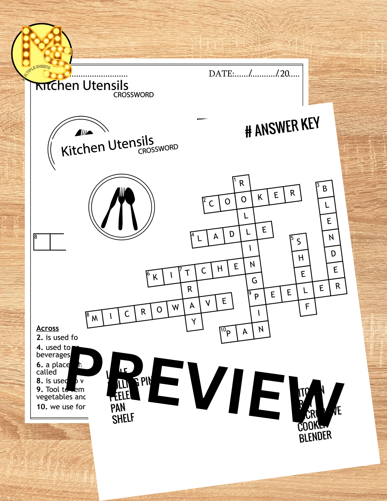 Kitchen Utensils Worksheets Crossword - Word Scramble - Word Search ...
