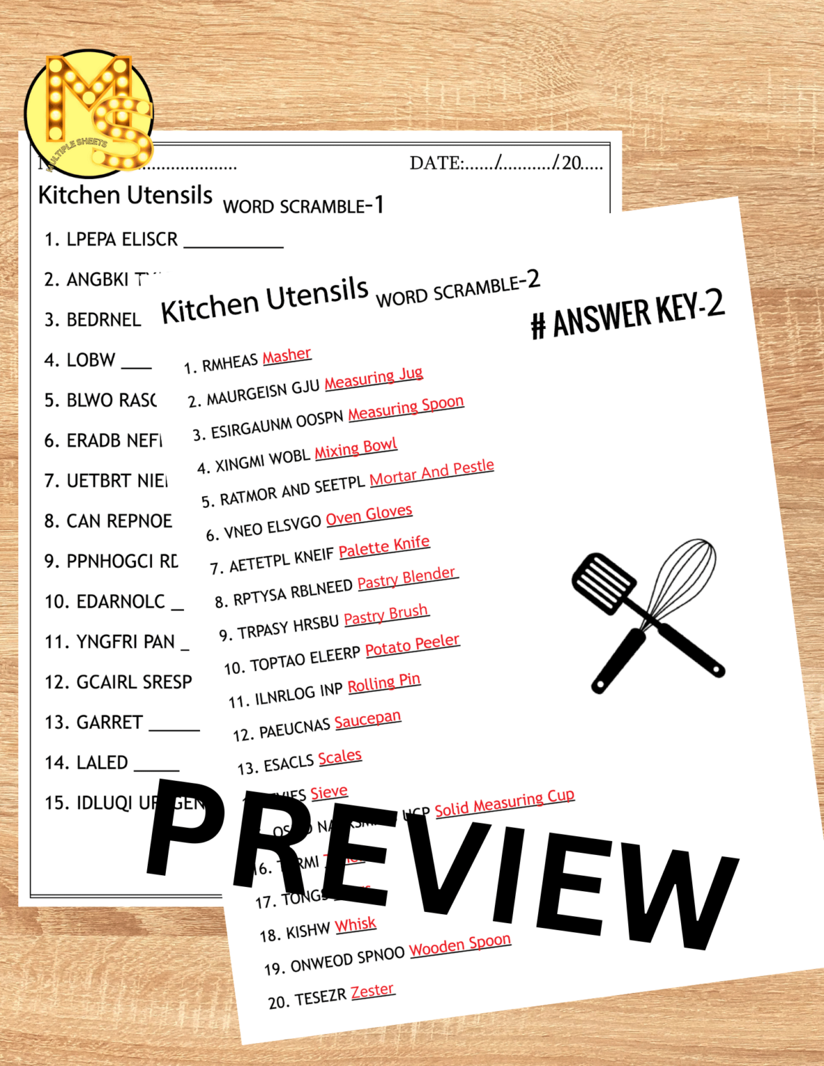Kitchen Utensils Worksheets Crossword - Word Scramble - Word Search ...