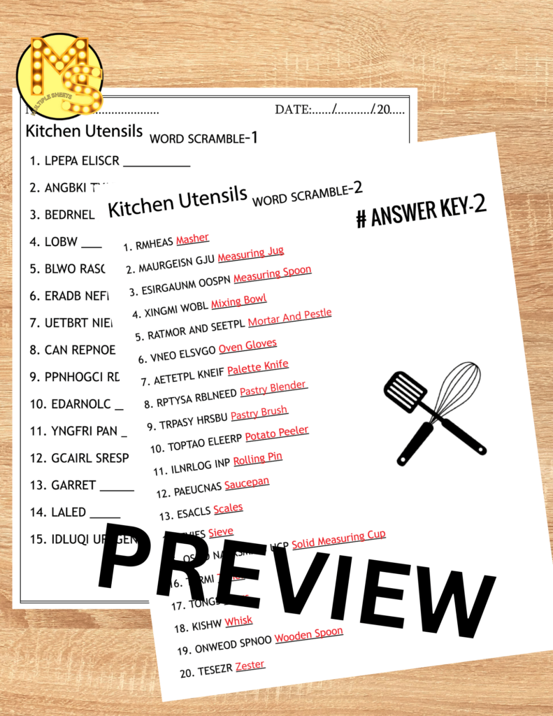 Kitchen Utensils Worksheets Crossword - Word Scramble - Word Search ...