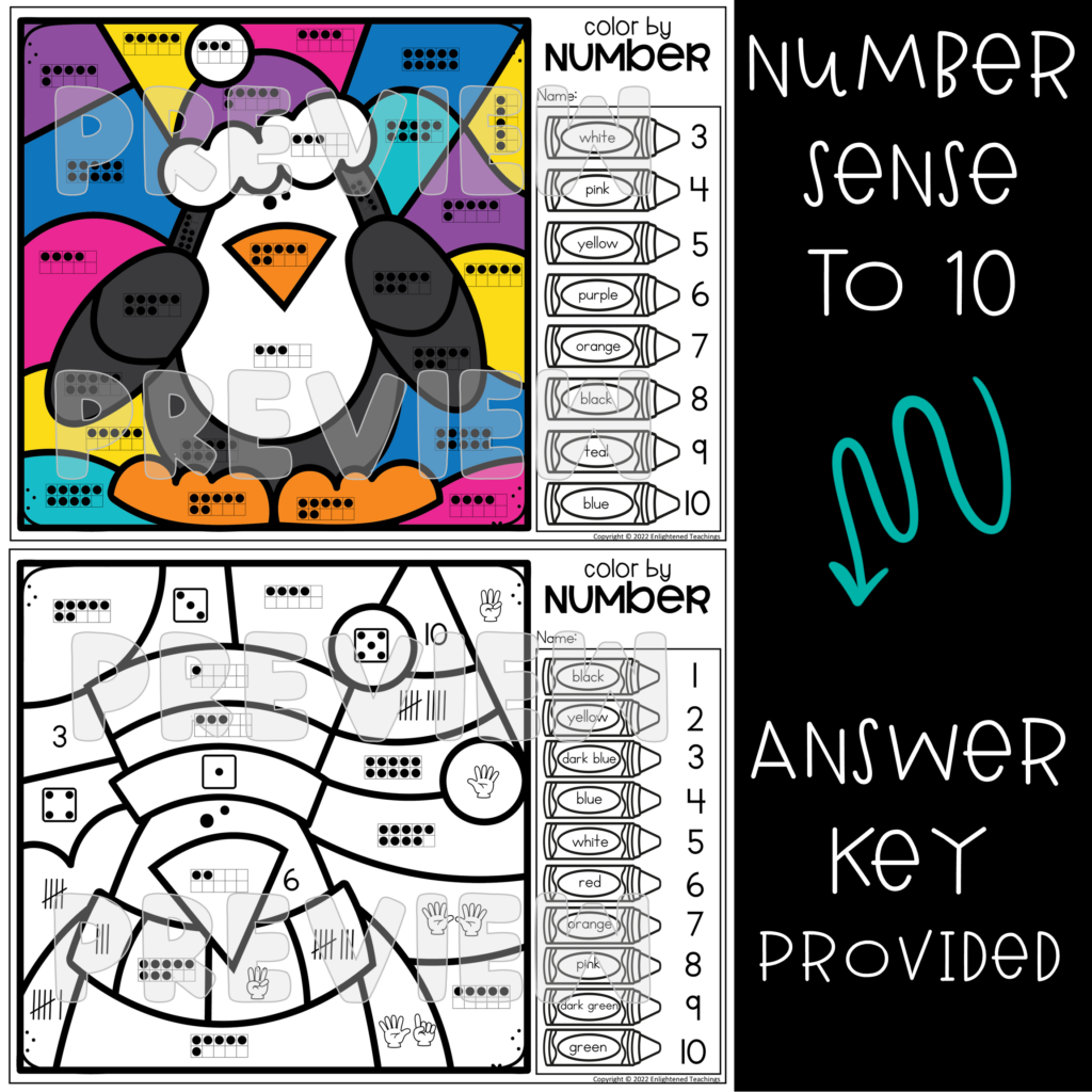 Winter Number Subitizing Worksheets Color by Number Subitizing to 10 ...