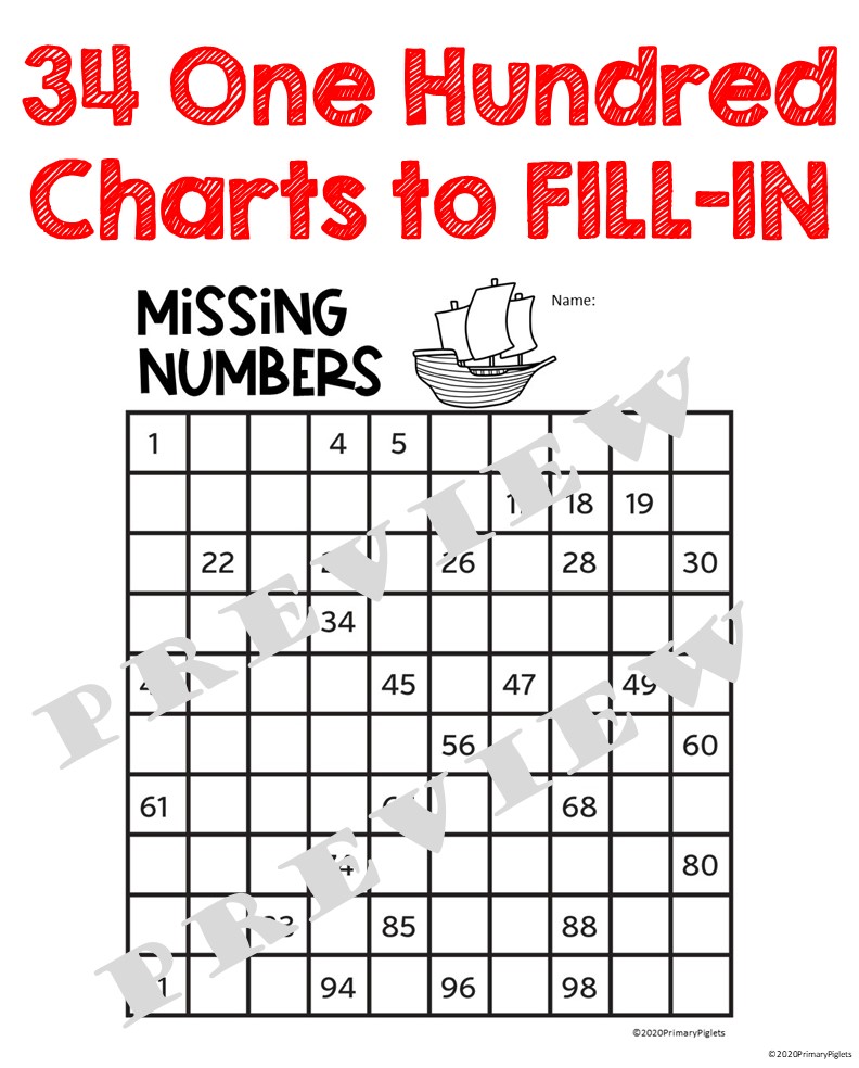 100s CHARTS WORKSHEETS - BLANK, FILL IN, MISSING NUMBERS - THANKSGIVING ...