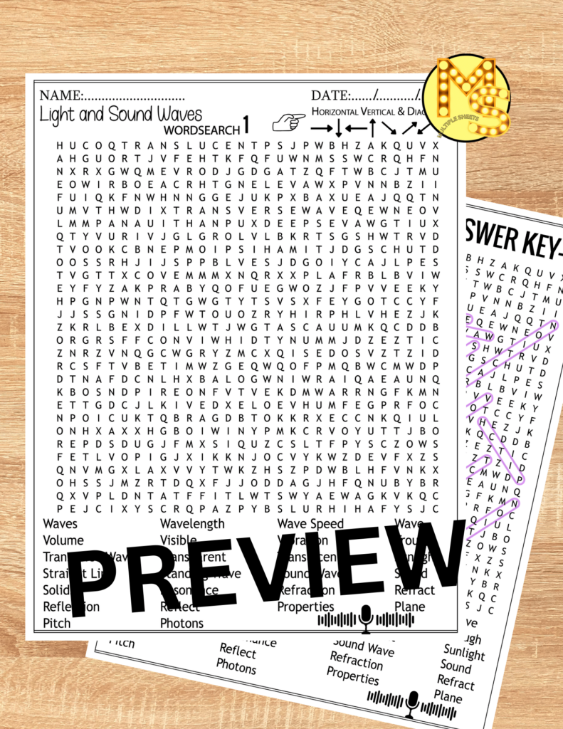 Sound and Light Waves Worksheets Crossword - Word Scramble - Word ...