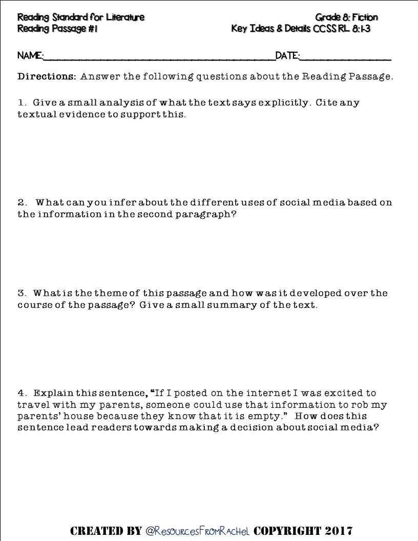 Reading Comprehension Assessments - 8th grade volume 1 | Made By Teachers