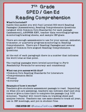 Reading Comprehension Assessments 7th grade volume 1 - Made By Teachers