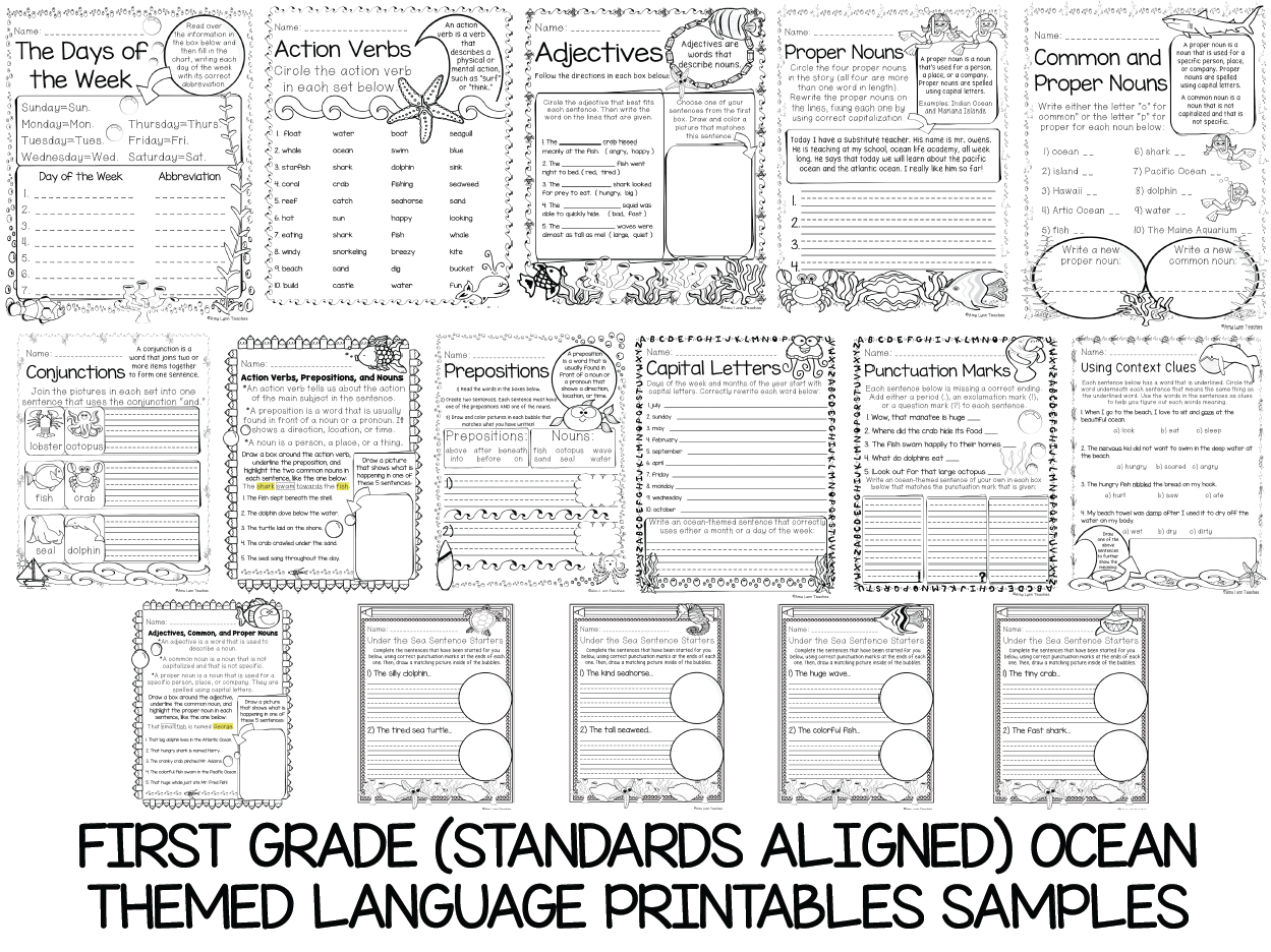 First Grade Ocean Themed Worksheets {100 Standards Aligned Printables ...