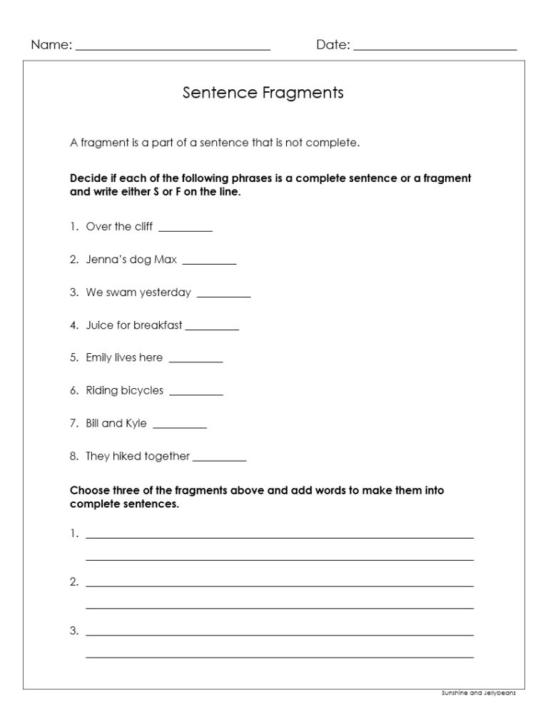 Sentence Fragments & Run-On Sentences - 4 worksheets - Grades 3-4 ...