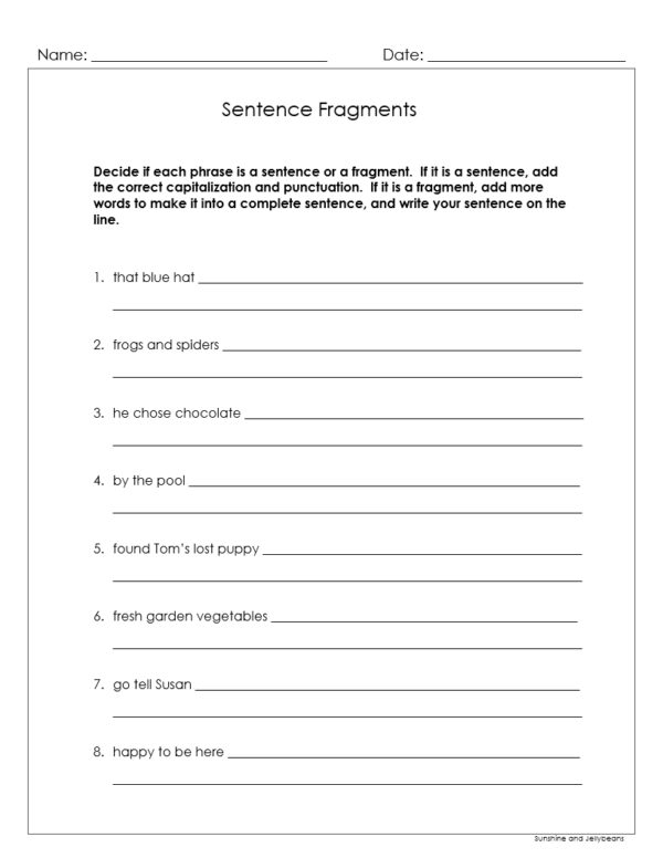 Sentence Fragments & Run-On Sentences - 4 worksheets - Grades 3-4 ...