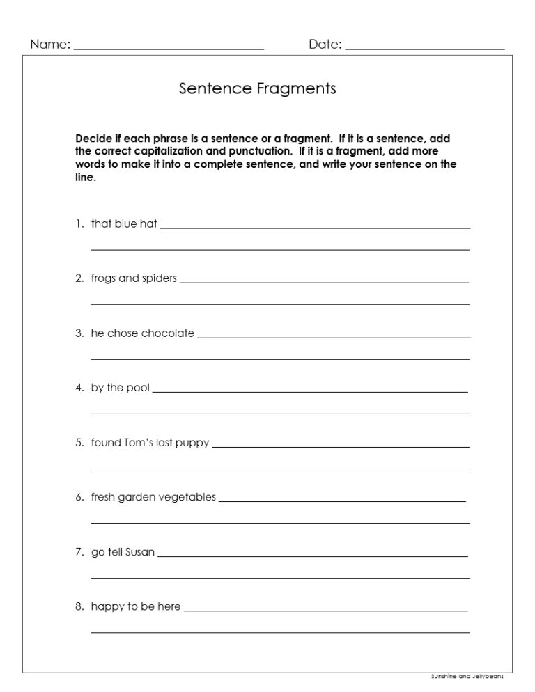 Sentence Fragments & Run-On Sentences - 4 worksheets - Grades 3-4 ...