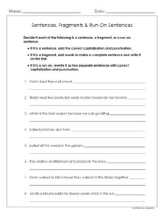 Sentence Fragments & Run-On Sentences - 4 worksheets - Grades 3-4 ...