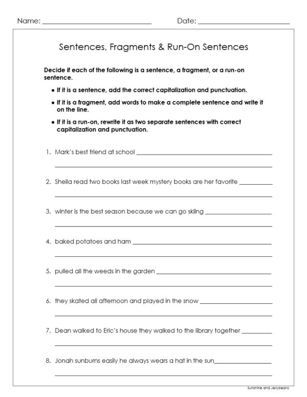 Sentence Fragments & Run-On Sentences - 4 worksheets - Grades 3-4 ...