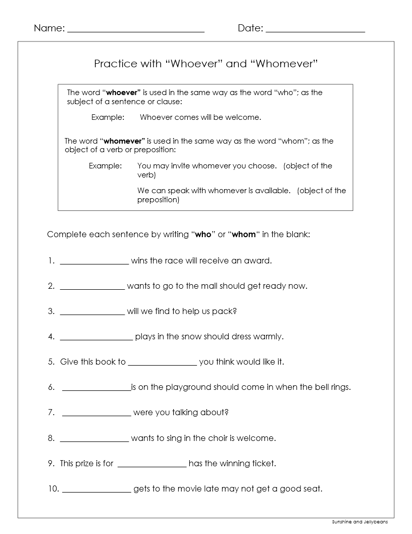 Who, Whom, Whoever, Whomever - 3 how-to & practice worksheets- Grades 4 ...