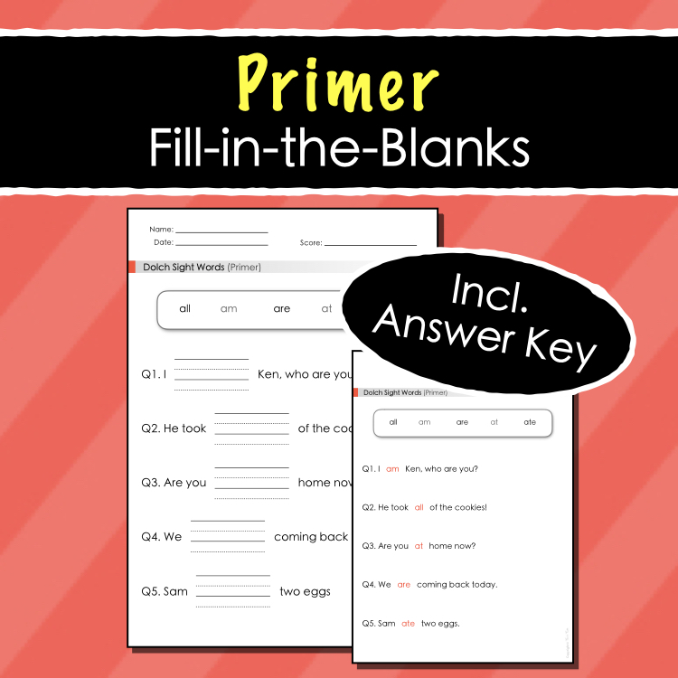 Dolch Sight Words (Primer) - Printable Fill-in-the-Blanks Worksheets ...
