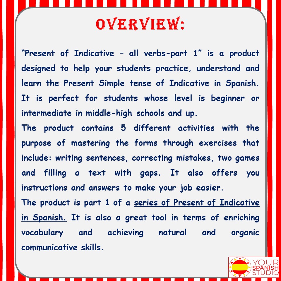 PRESENT OF INDICATIVE IN SPANISH ALL VERBS PART 1 ACTIVITIES | Made By ...