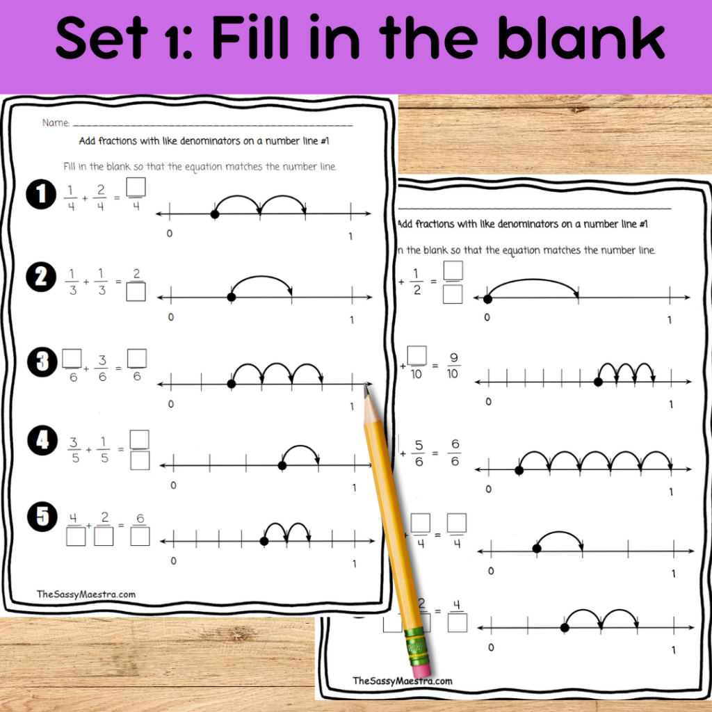 Add fractions on a number line with common denominators for 4th grade ...
