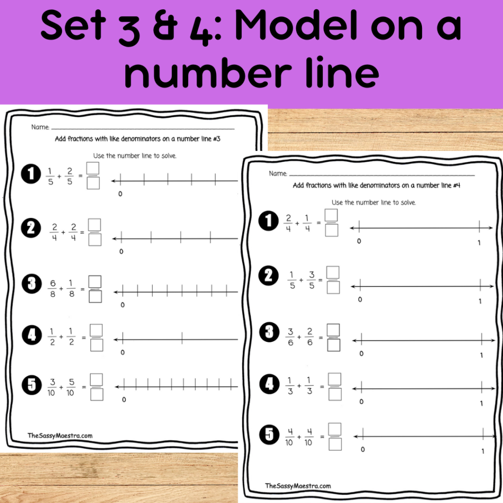 Add fractions on a number line with common denominators for 4th grade ...
