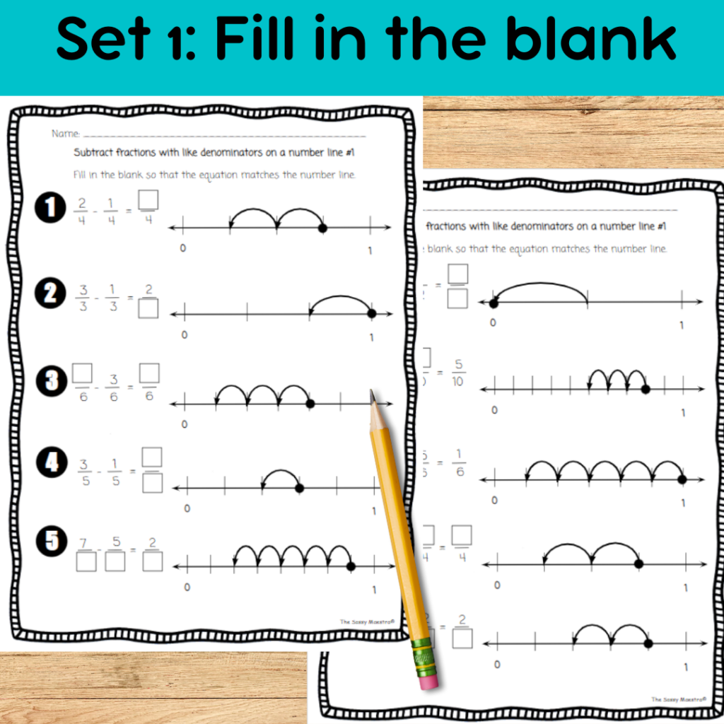 Subtract fractions on a number line with common denominators for 4th ...