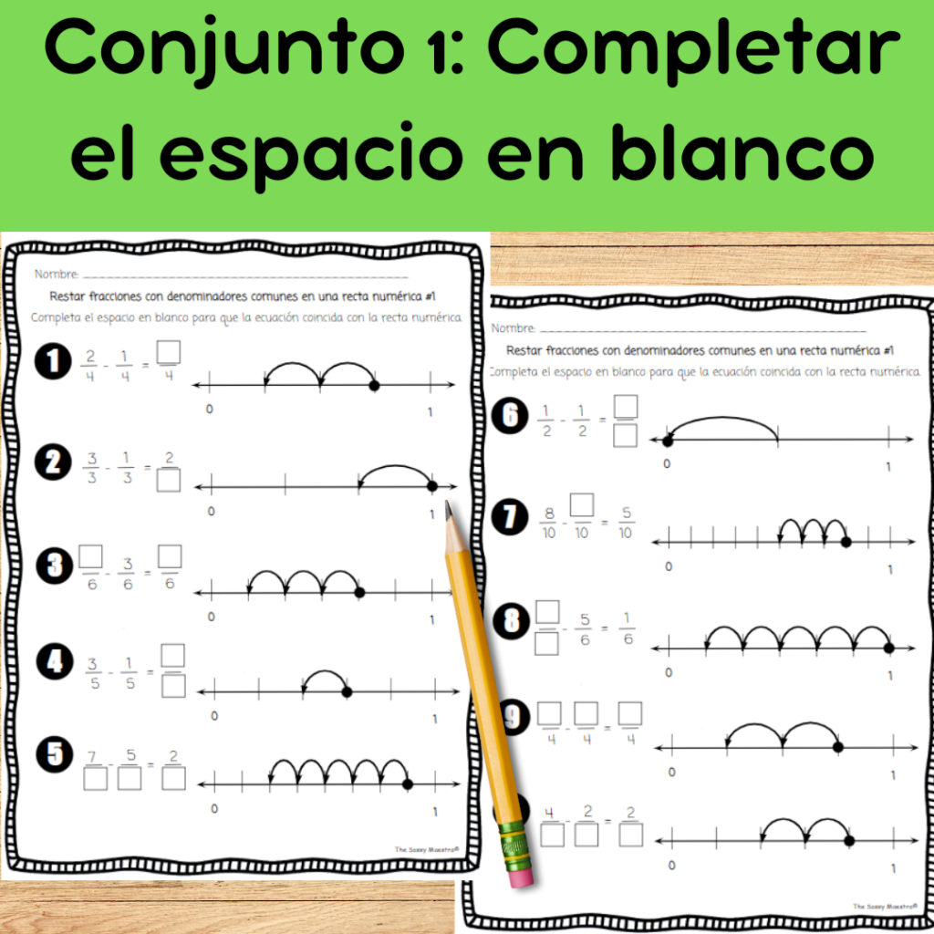 Subtract fractions on a number line in Spanish Restar fracciones | Made ...