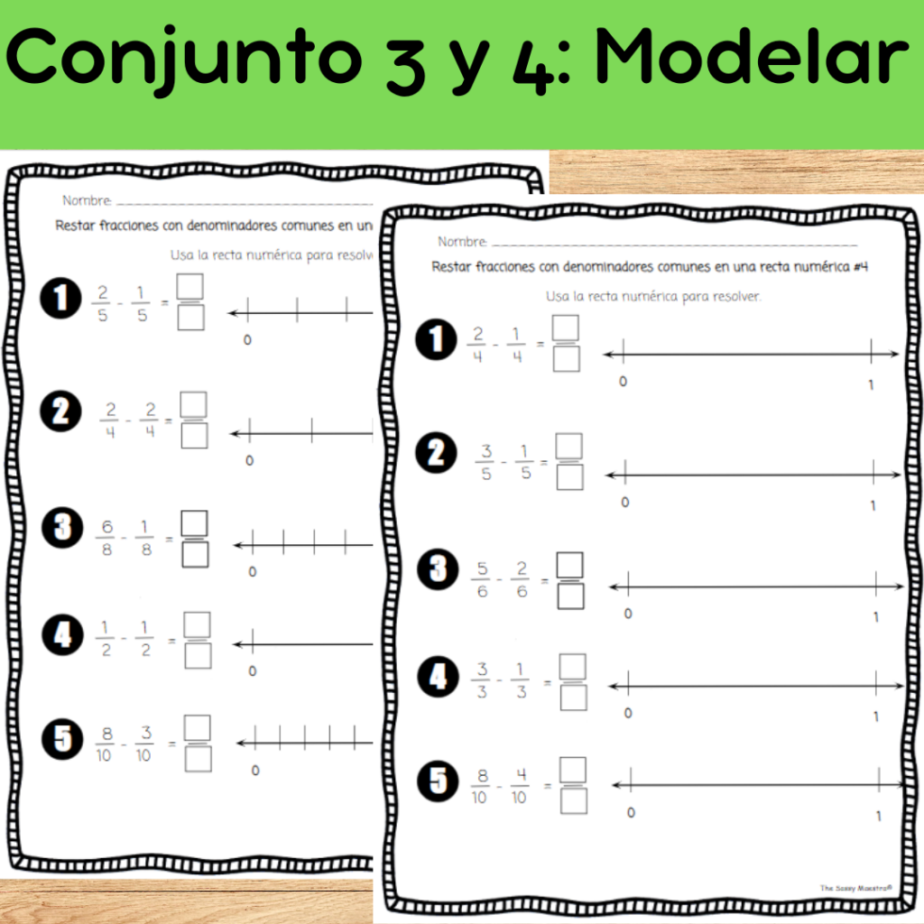 Subtract fractions on a number line in Spanish Restar fracciones | Made ...