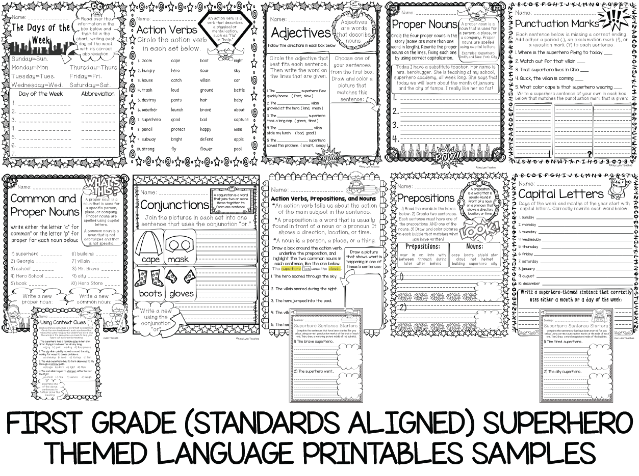 First Grade Superhero Themed Worksheets {100 Standards Aligned ...