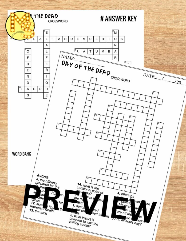 Day of the Dead Worksheets Crossword -Día de los muertos Word Search ...