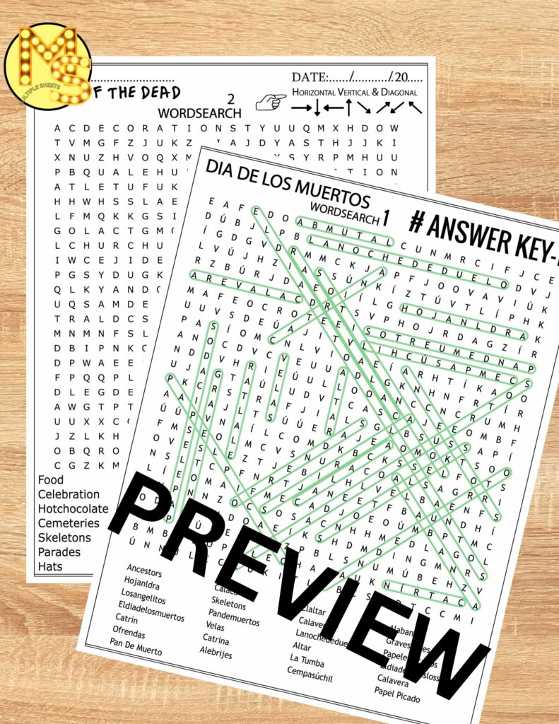 Day of the Dead Worksheets Crossword -Día de los muertos Word Search ...
