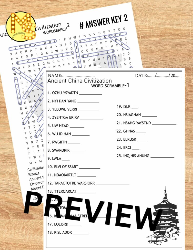ANCIENT China Civilization Worksheets Crossword -Word Scramble -Word ...